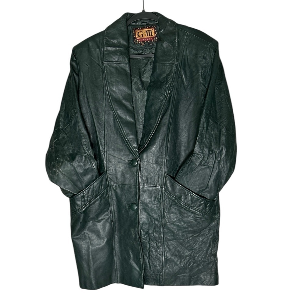 G Iii Leather Pine Green Leather Trench Coat Sz M - Gem